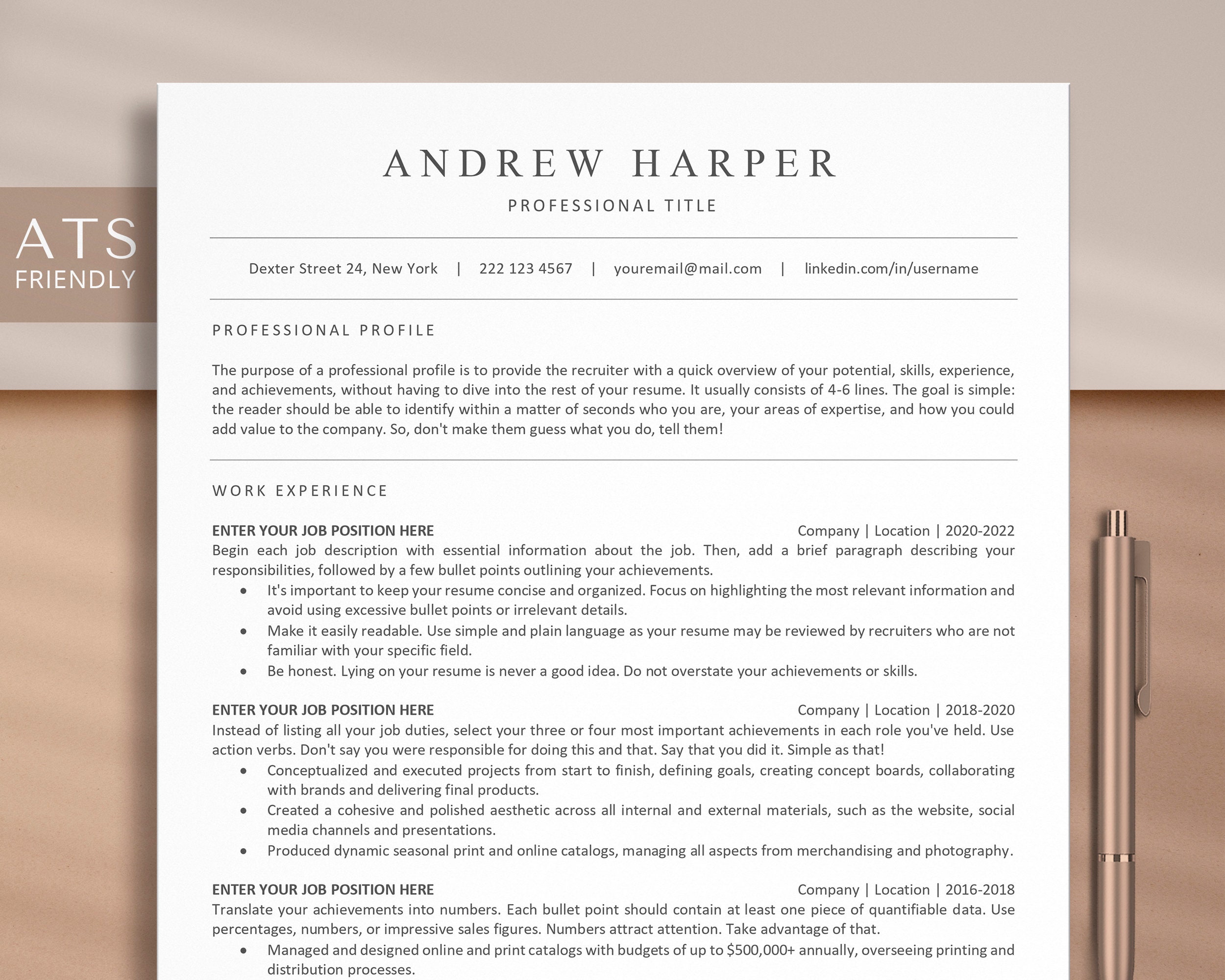ATS Resume Template Word, Pages, Google Docs, ATS Friendly Resume ...