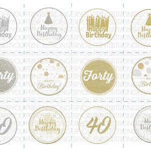 40th Birthday Cupcake Toppers Printable, Happy 40th Gold Silver ...