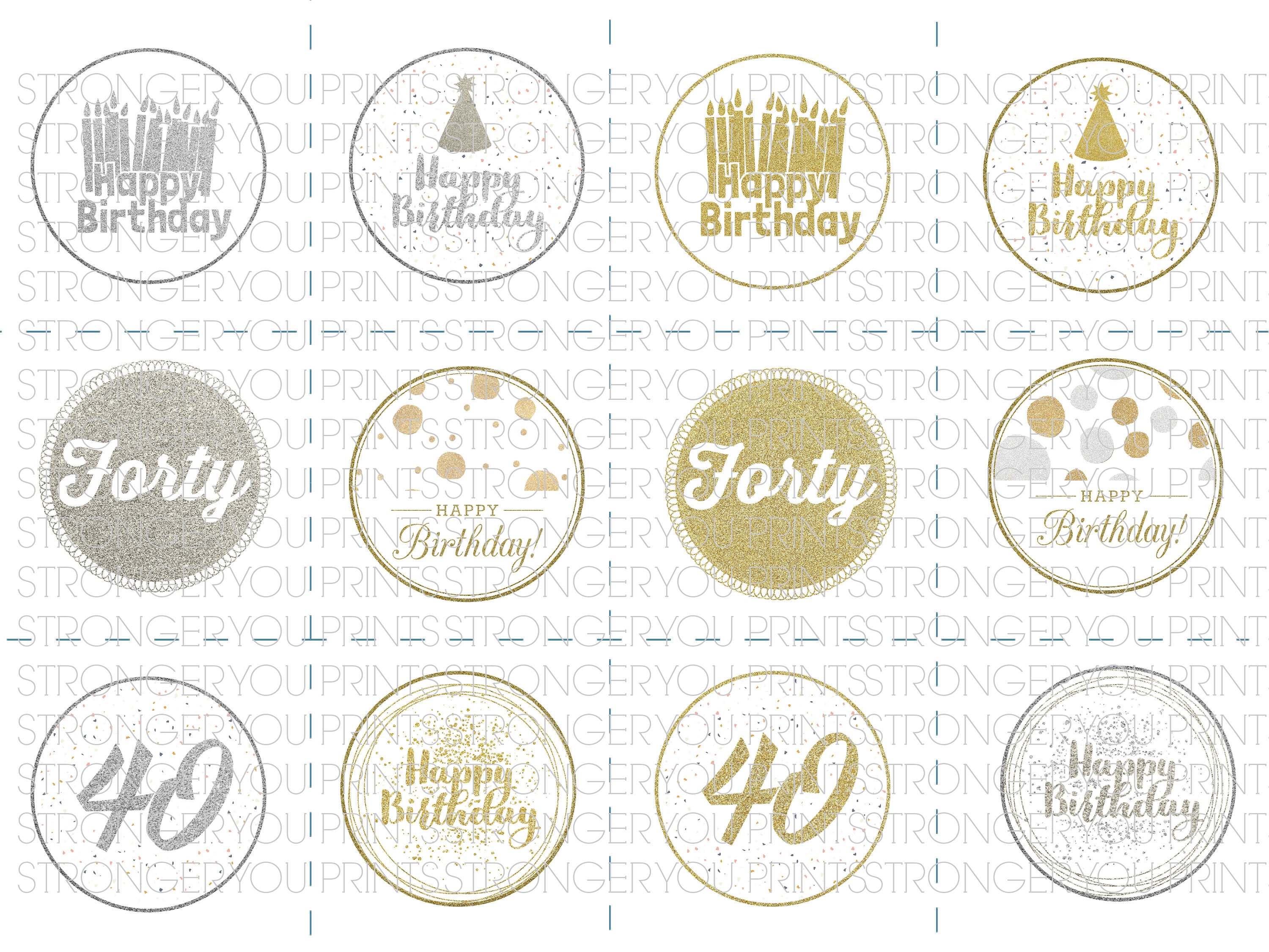 40th Birthday Cupcake Toppers Printable, Happy 40th Gold Silver ...