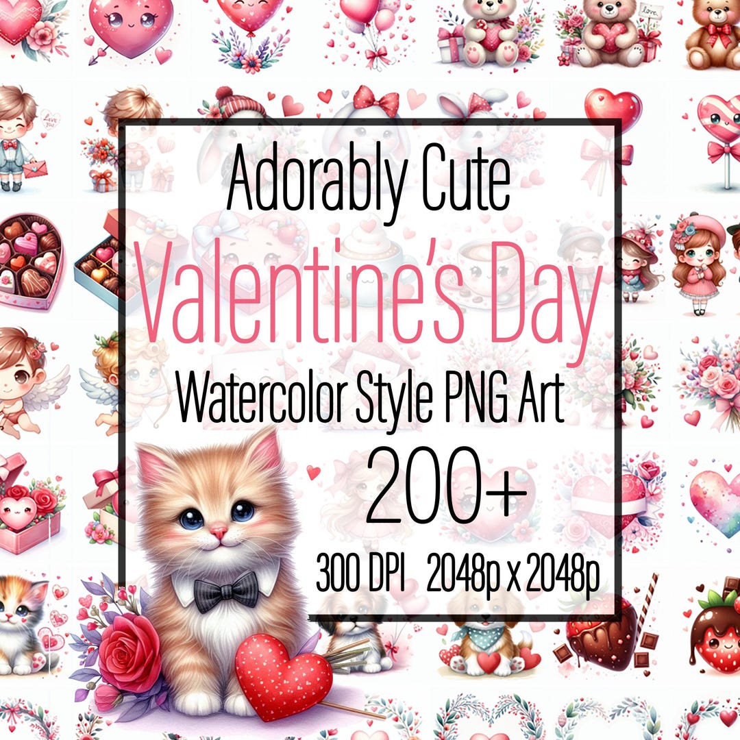Cute Valentine's Day Watercolor Art PNG Bundle Valentine's Day Clip Art ...