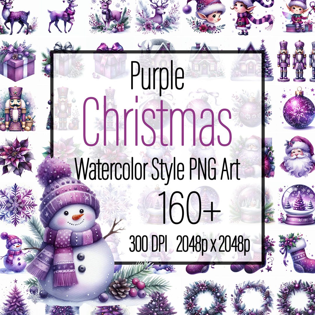 Purple Christmas Watercolor Art PNG Bundle - Purple Christmas Clip Art ...