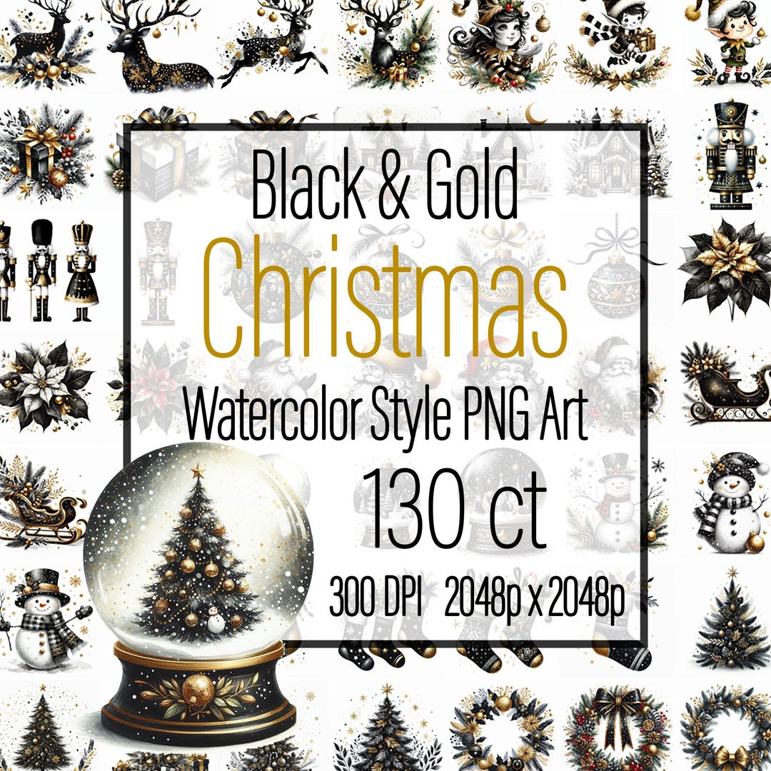 Black & Gold Christmas Watercolor Art PNG Bundle - Black Christmas Clip ...