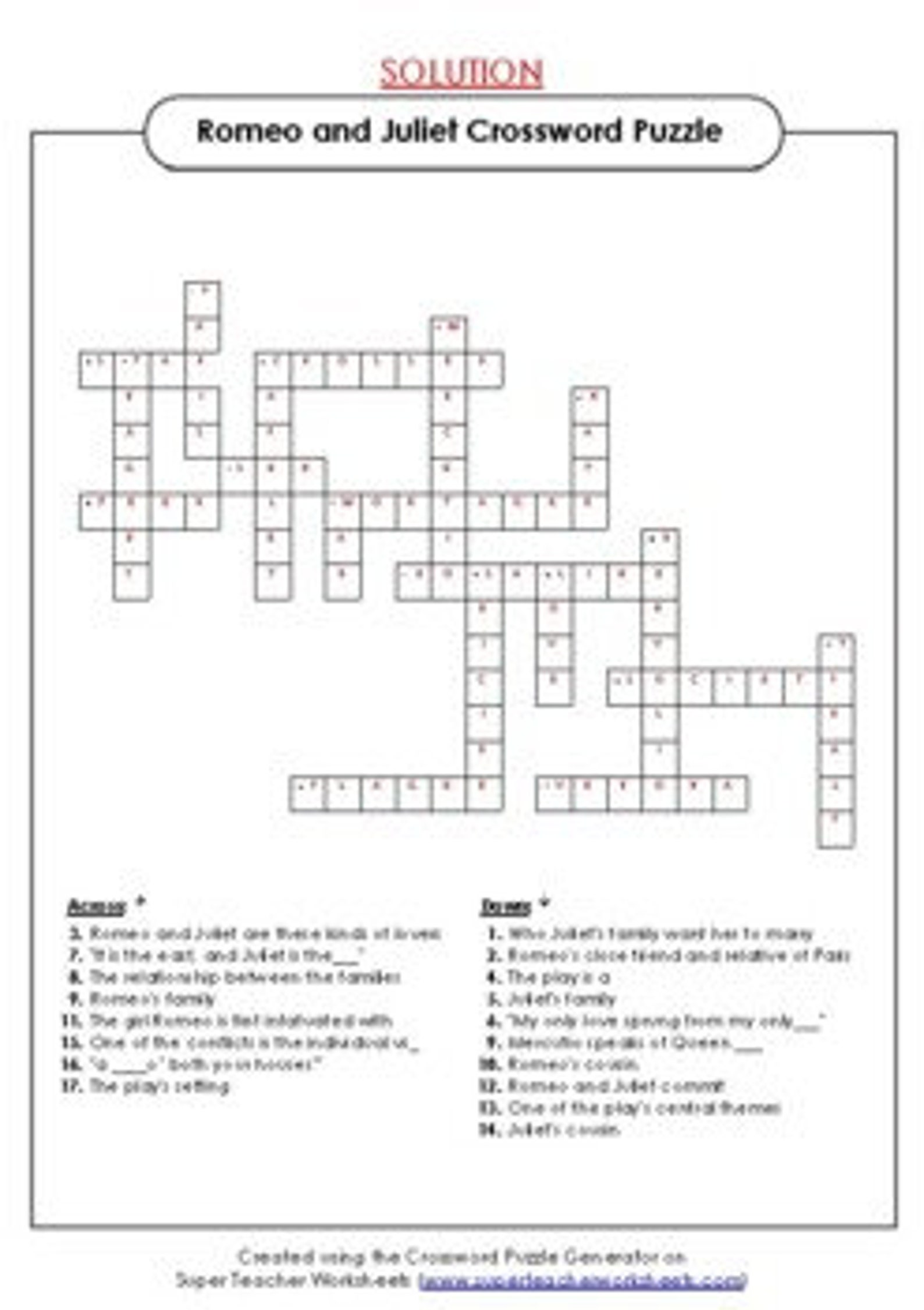 Romeo and Juliet Crossword Puzzle - Etsy