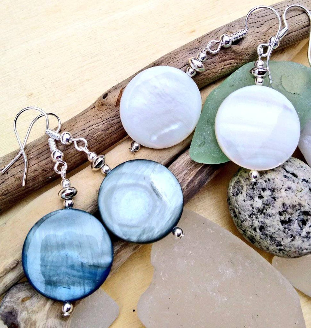 Elegant shell handmade earrings made with polished shell coins and ...