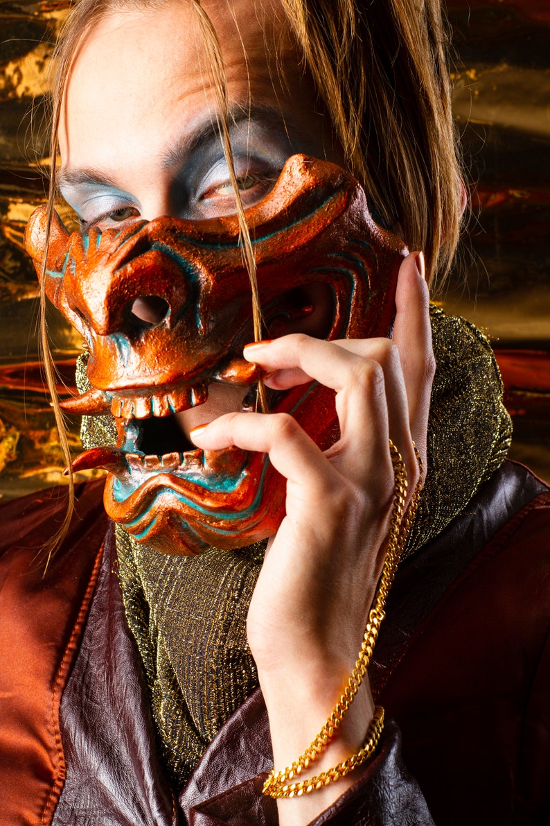 Oni mask Hannya half face anime metal Ghoul Japanese Demon | Etsy