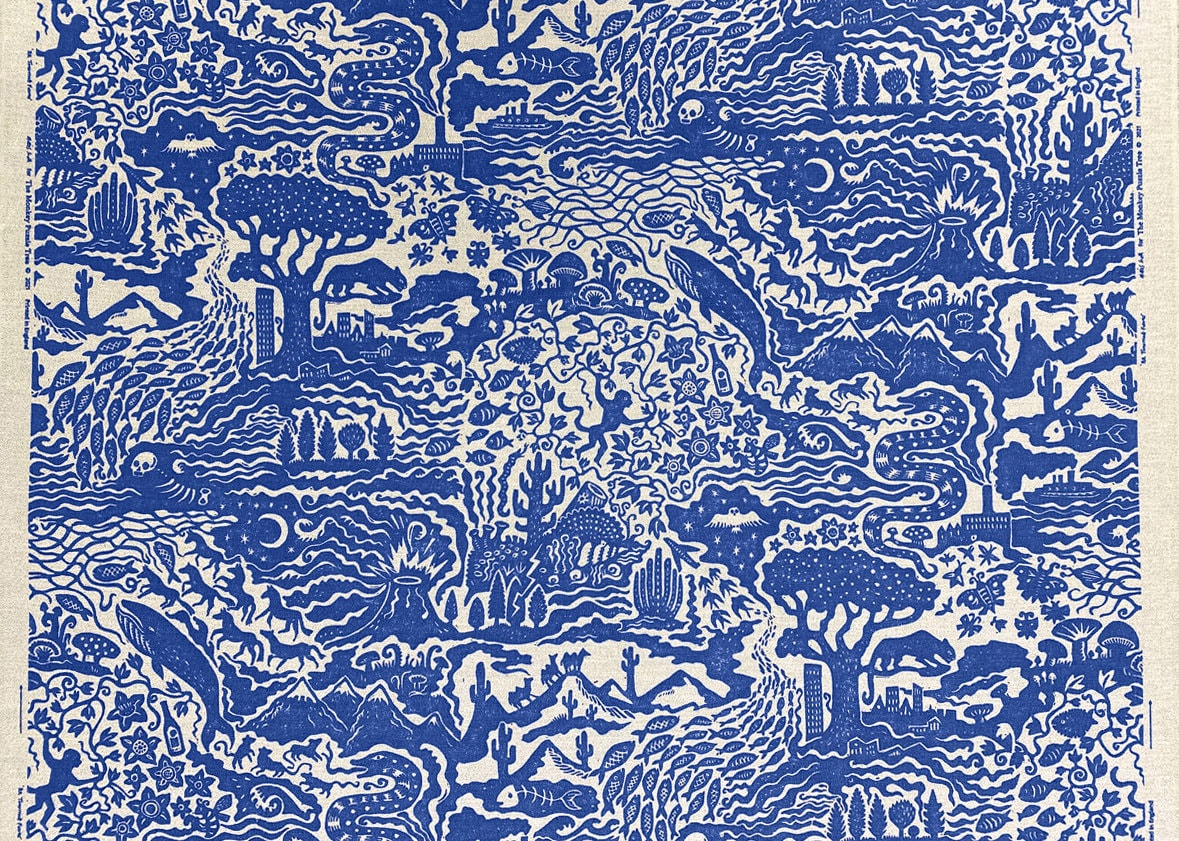 Fabric Sample Blue and Cream Lino Print Textured Boucle Sustainable ...