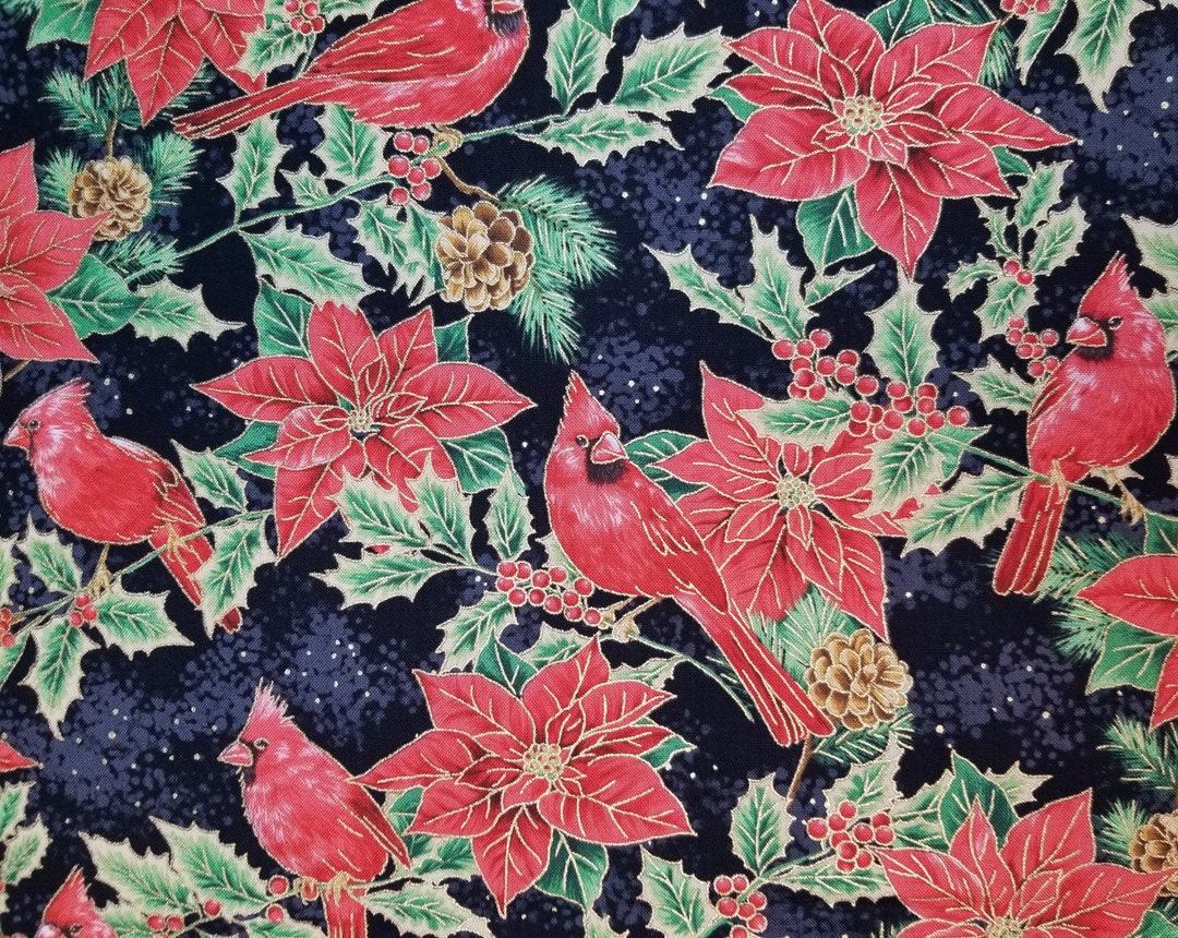 Christmas Cardinals and Poinsettia Metallic - 100% Cotton Fabric ...