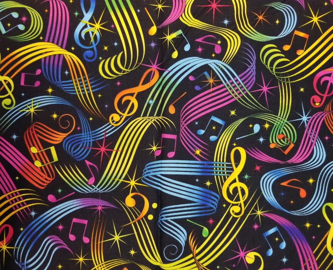 Bright Colorful Rainbow Music Notes on Black 100% Cotton Fabric Select ...