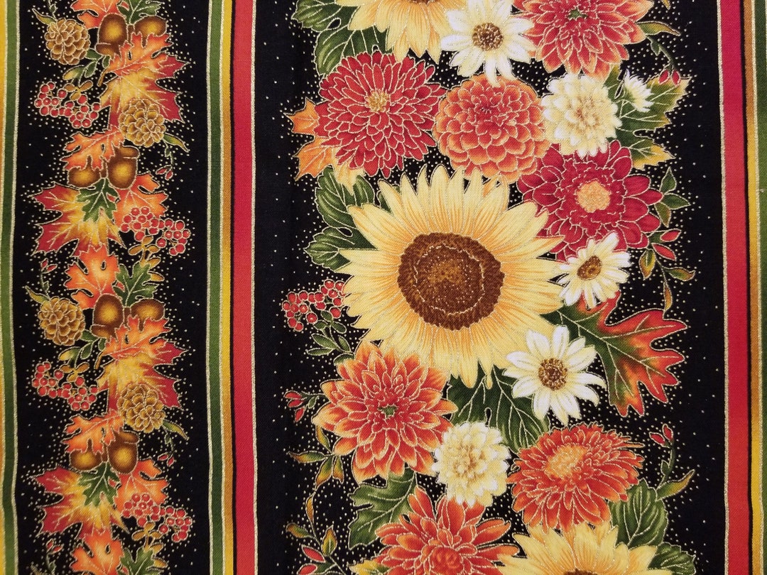 Large Sunflowers & Stripes Harvest Floral Metallic 100% Cotton Fabric ...