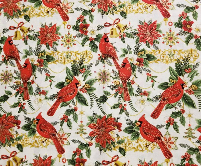 Christmas Cardinal Holiday Metallic 100% Cotton Fabric - Etsy