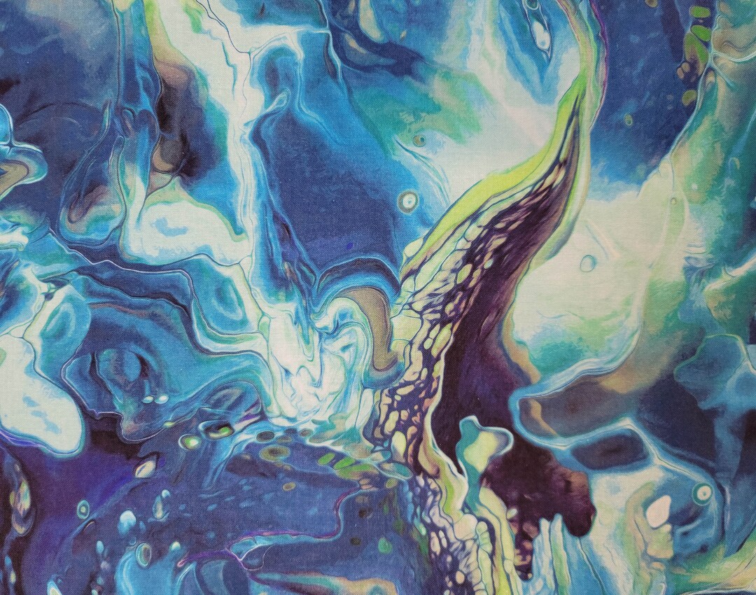 Cotton Fabric - Blue Fluidity II Waves, Abstract Faux Texture Marble ...