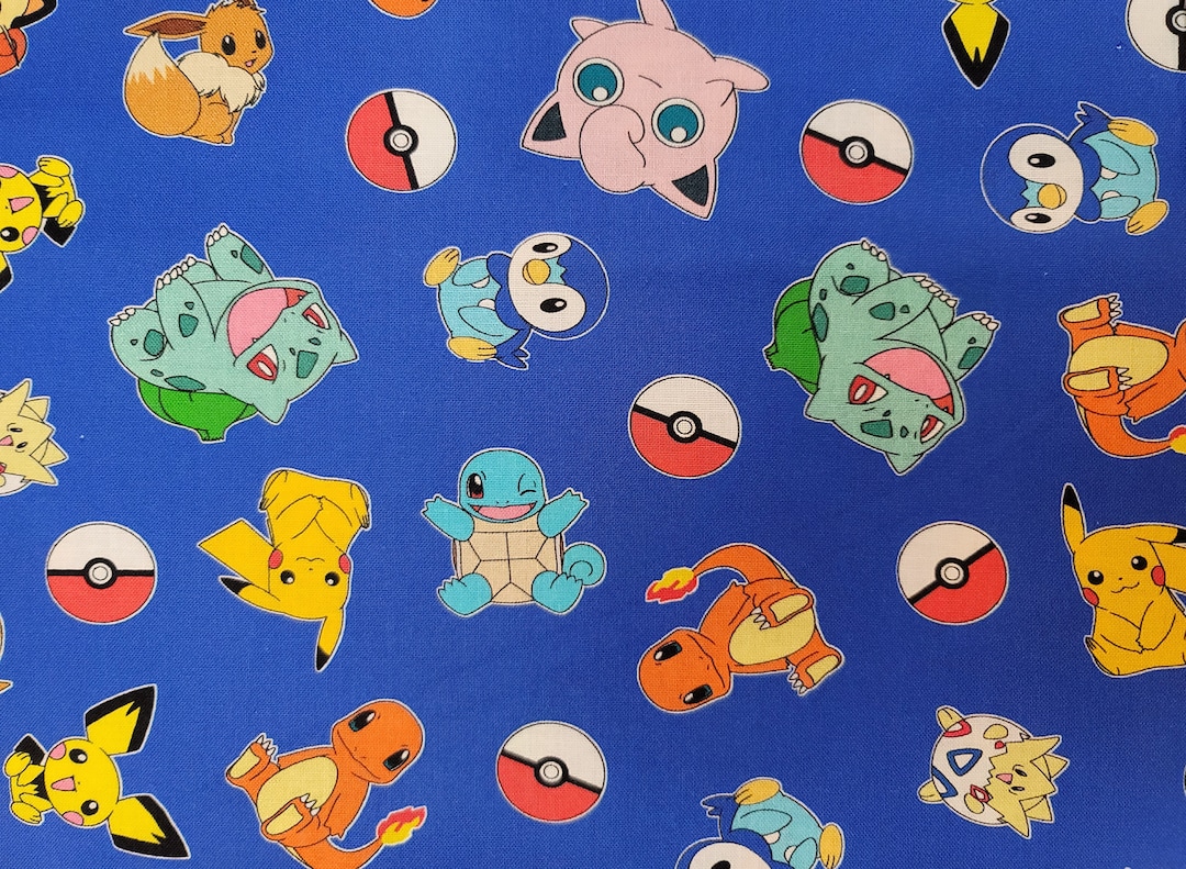 Cotton Fabric - Pikachu, Pokeball, Pokémon Friends Tossed on Blue Quilt ...