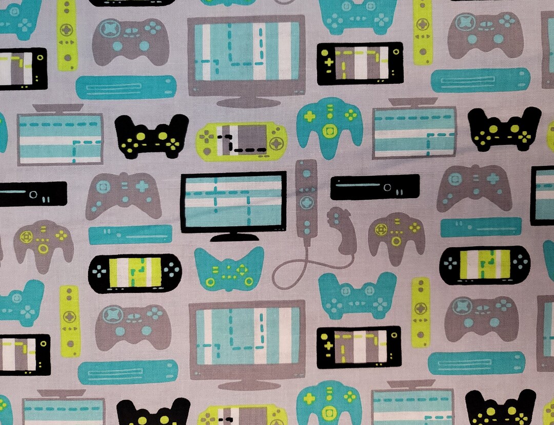 Gamer Cotton Fabric - Game on Equipment on Light Grey Quilt Cotton ...