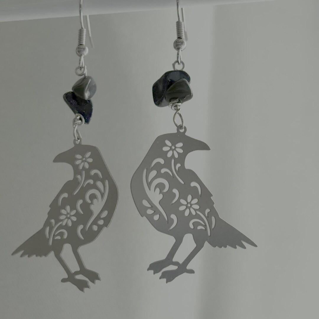Stainless Steel Silver Crow Bird With Black Crystals Fantasy Halloween ...