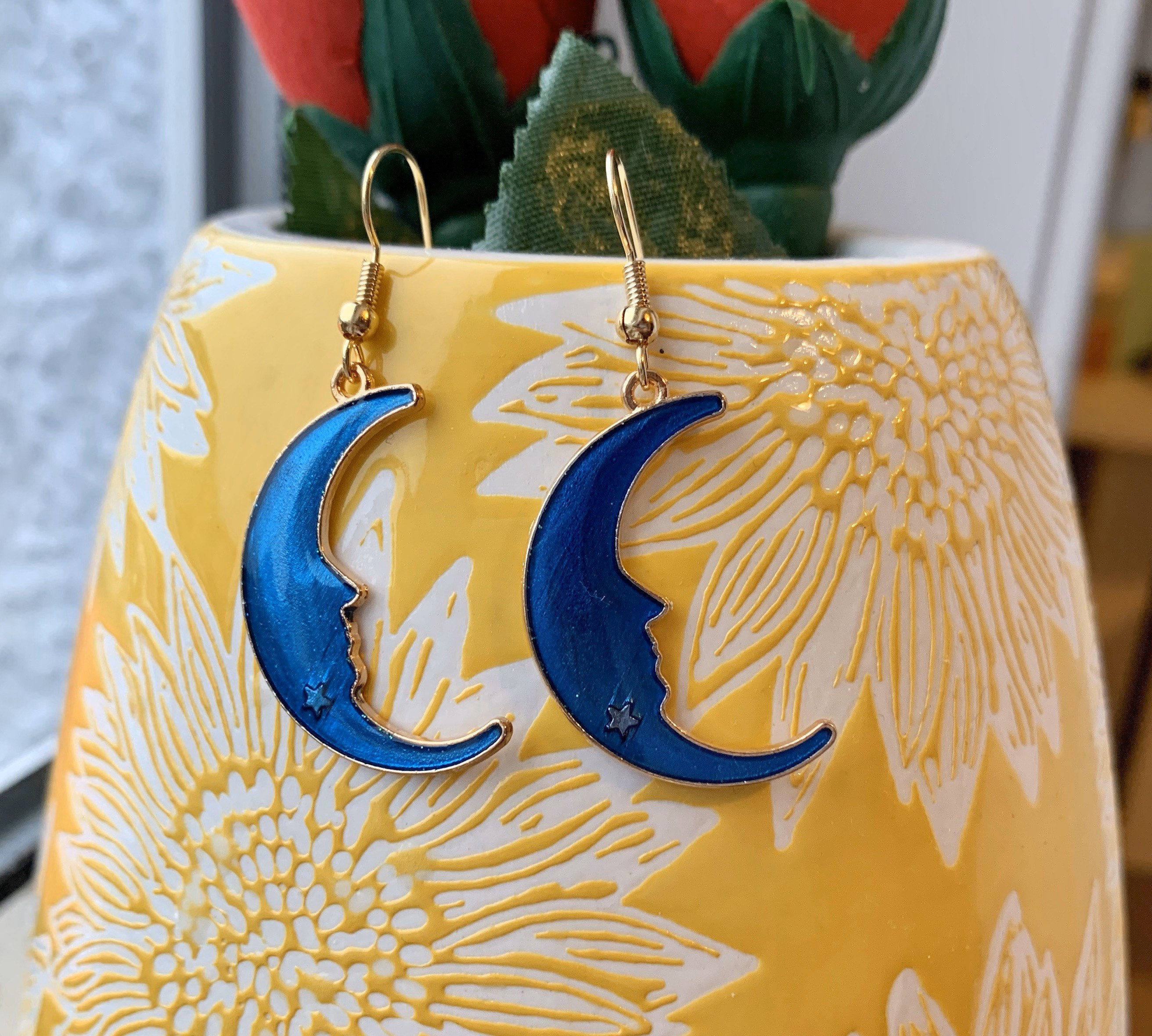 Gorgeous Handmade Blue Enamel Gold Plated Moon Drop Dangle - Etsy
