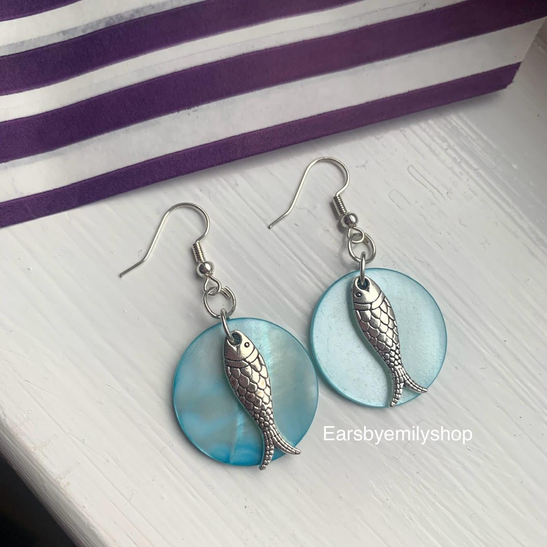 Handmade Silver Fish Drop Earrings: Blue Seashell Disc on ...
