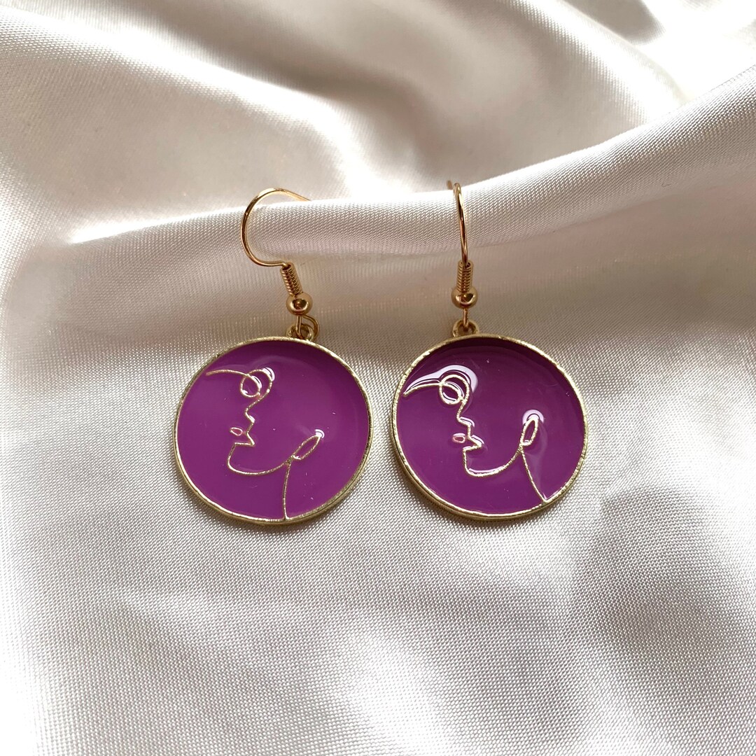 Handmade Abstract Face Earrings: Purple Geometric 18k Gold Plated Hooks ...