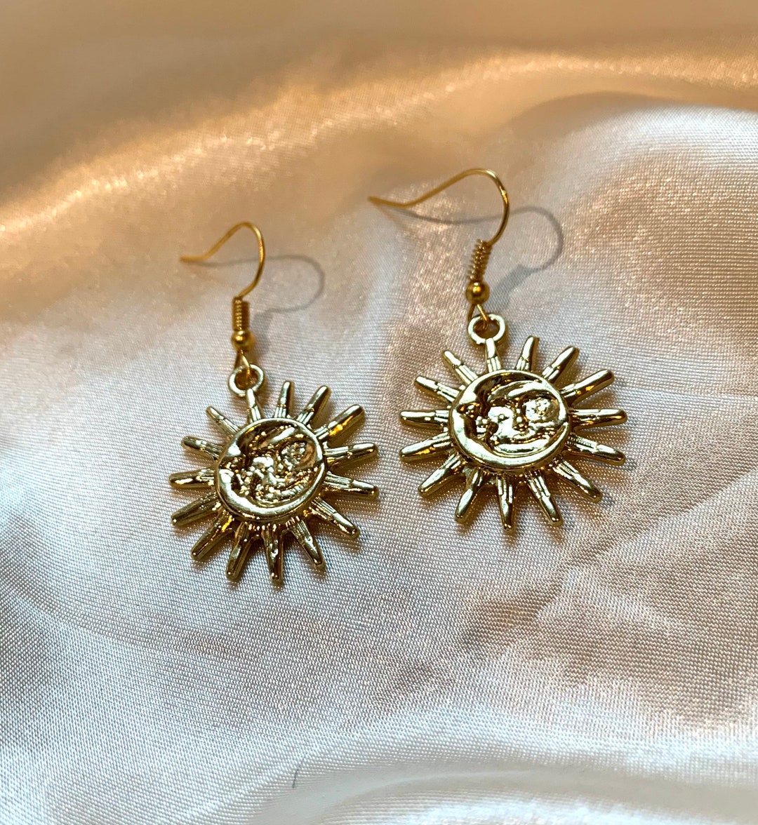 Stunning Gold Sun and Moon Celestial Face Drop Dangle Handmade Earrings on 18k Gold Plated Hooks ...