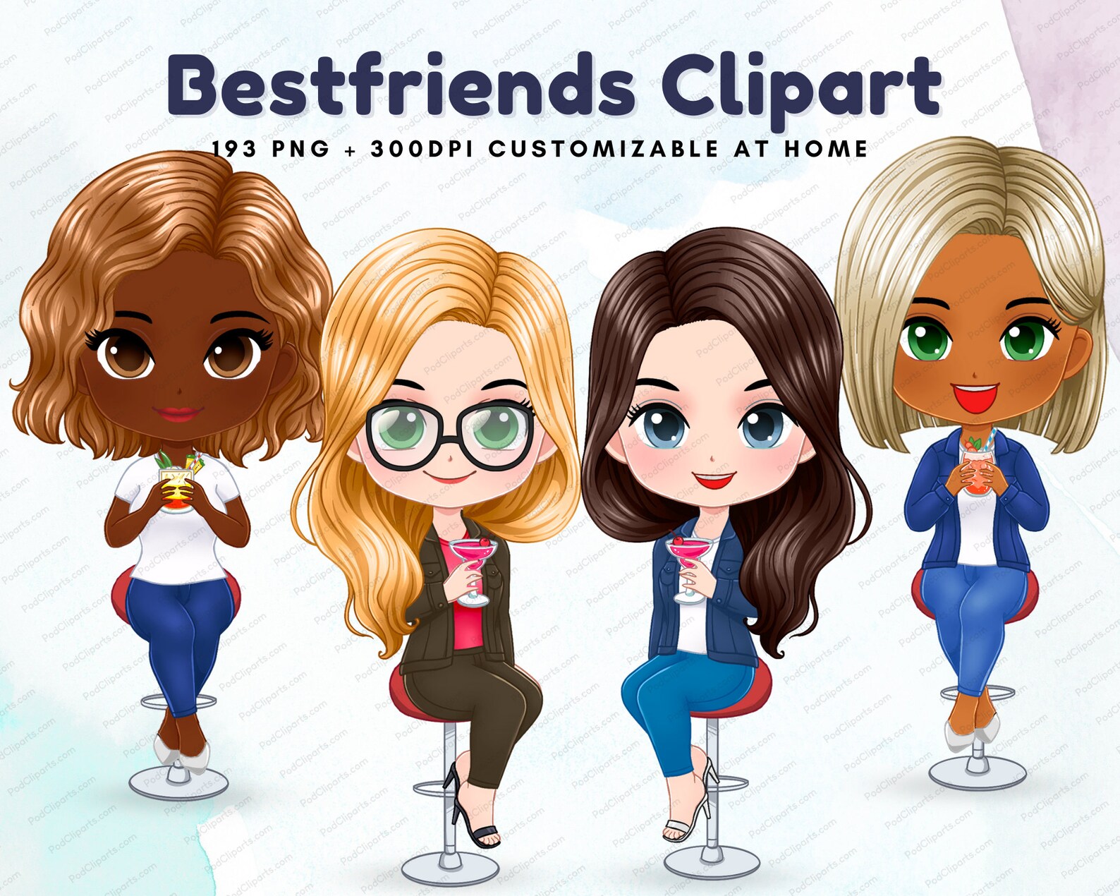 Best Friends Chibi Clipart, Denim Girl Clipart, Bestie Clipart, Sister ...