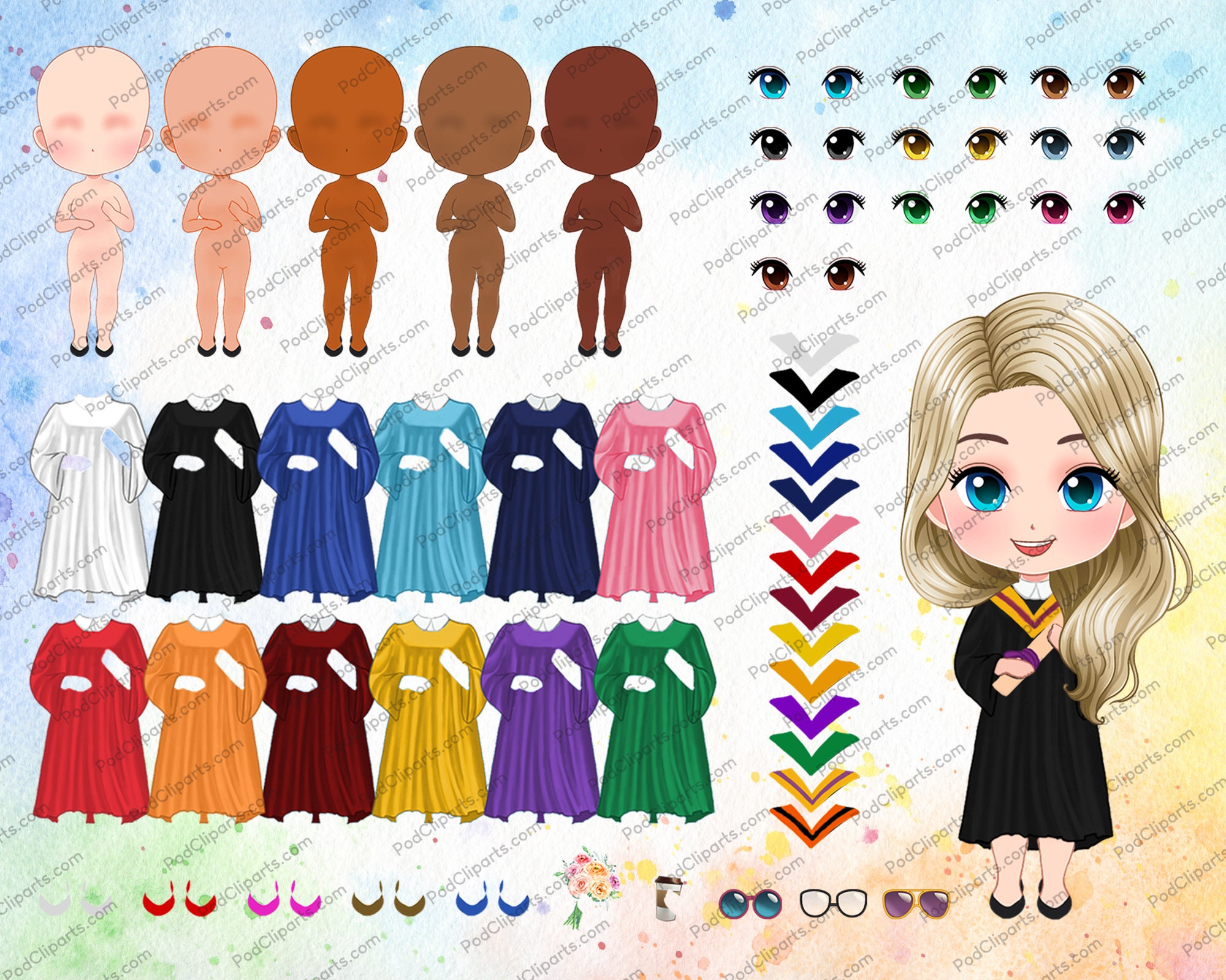 Chibi Graduation Girls, Cap and Gown Clipart, School Graphics, Graduate ...