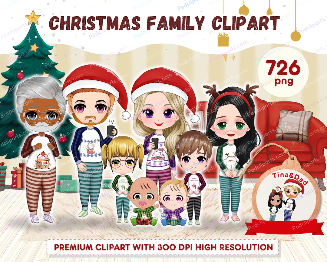 Big Chibi Family Christmas Clipart, Cozy Winter Clipart, Parents and ...