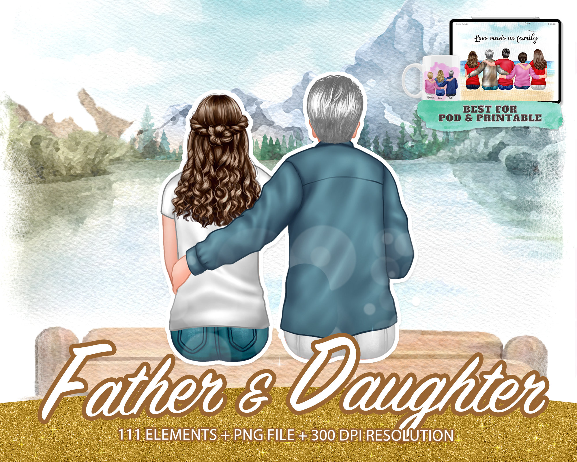 Father and Daughter Sitting Clipart , Watercolor Step Father, Single ...
