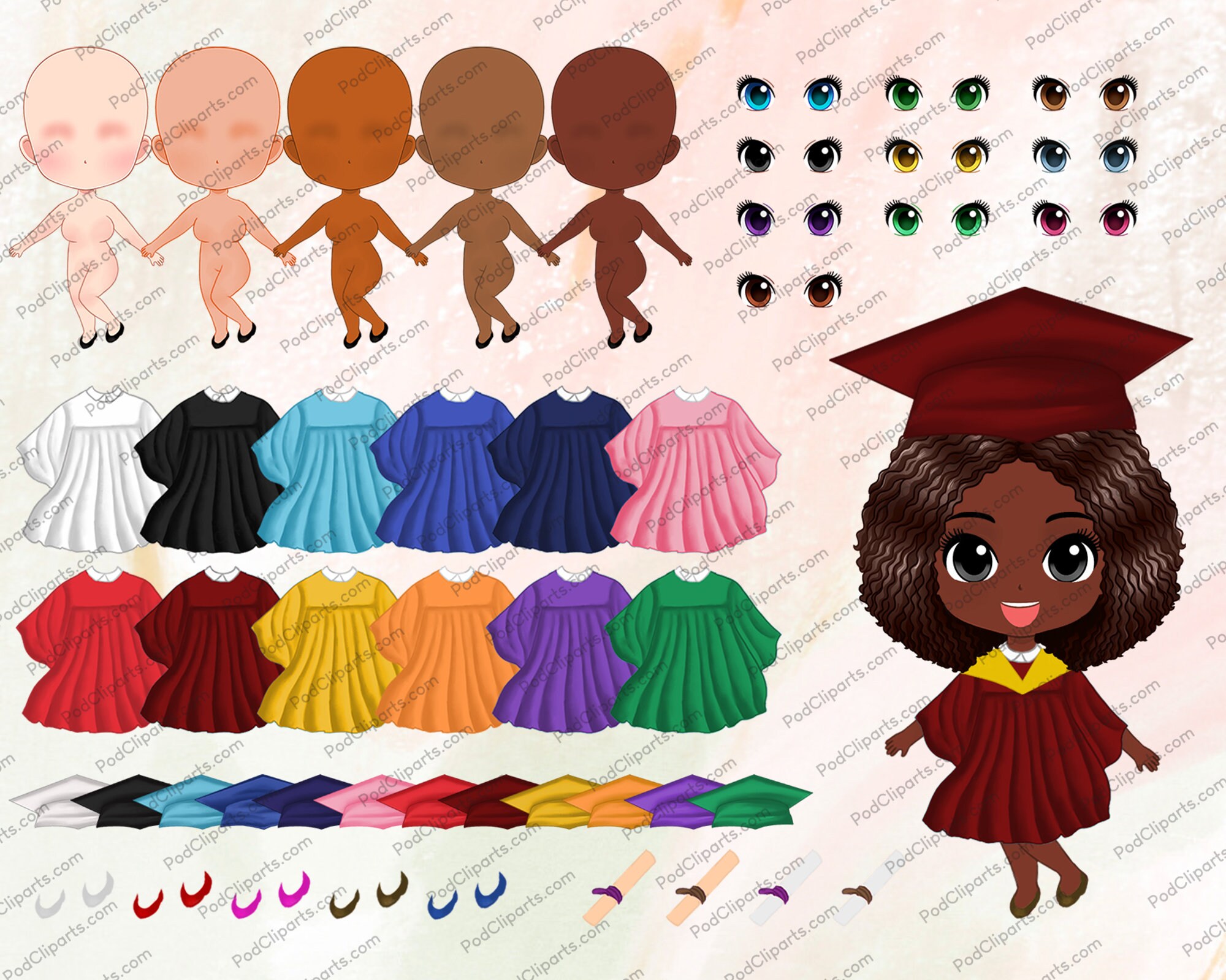Chibi Graduation Girls, Cap and Gown Clipart, School Graphics, Graduate ...