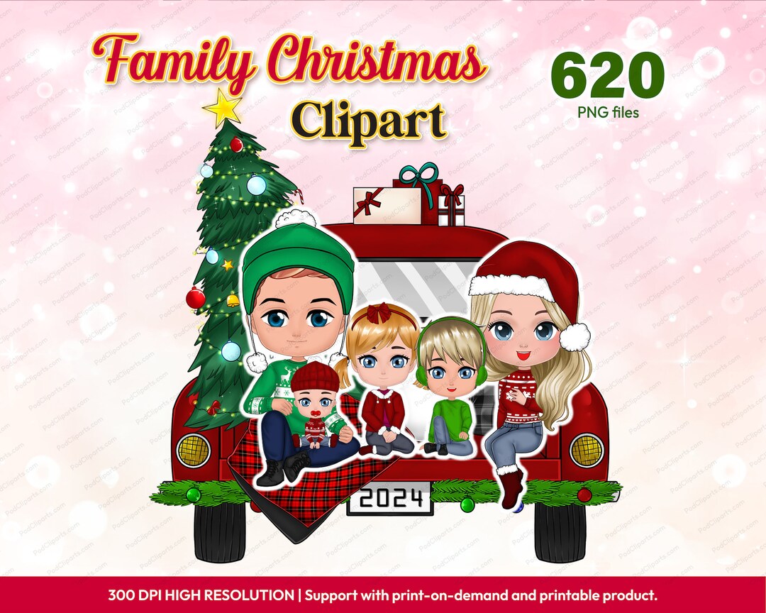 Big Christmas Family Chibi Clipart PNG, Bundle Winter Family Sitting on ...