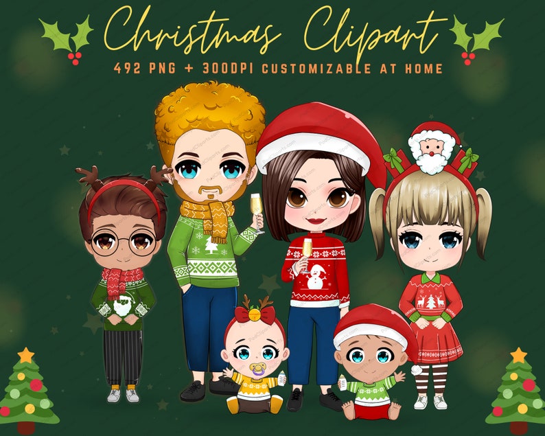 Christmas Family Chibi Clipartcozy Winter Clipartseasonal - Etsy