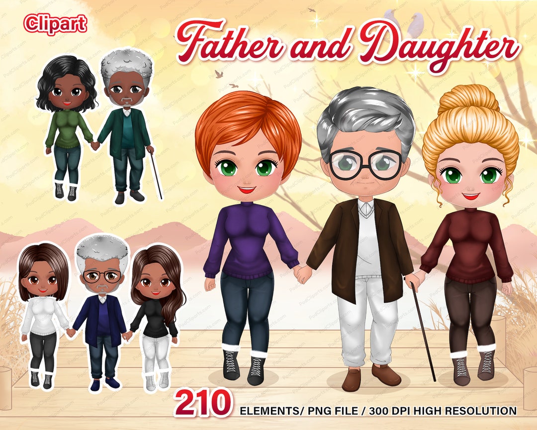 Cute Chibi Father and Daughter Clipart PNG, Grandfather and Father's ...