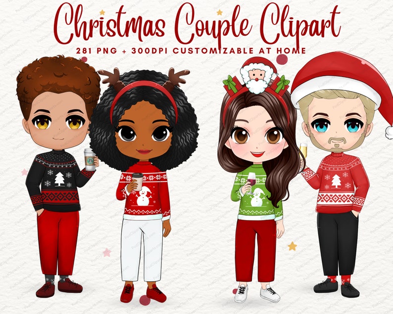 Cute Christmas Couple Chibi Clipart Best Friends Clipart - Etsy