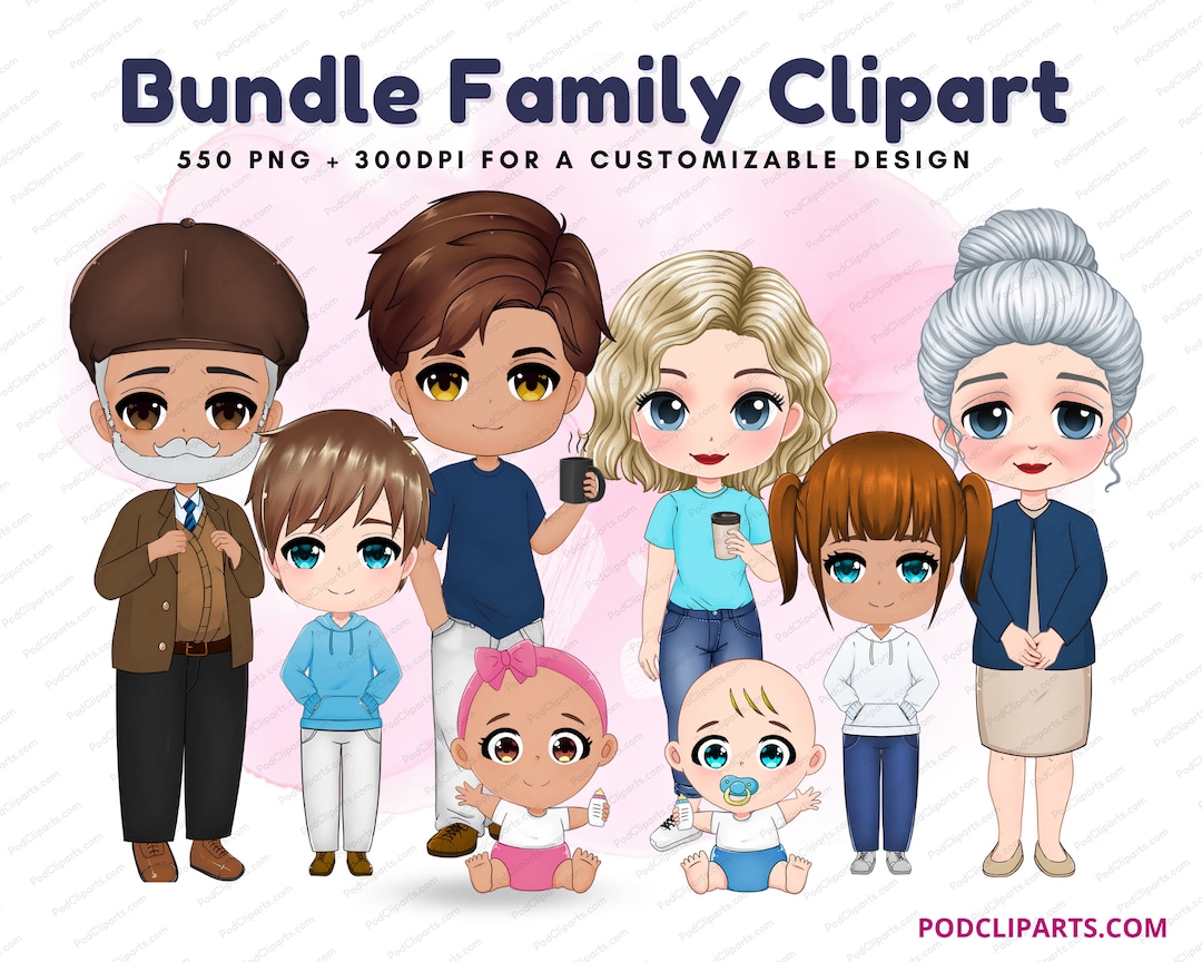 Bundle Family Chibi Cute Clipart, Custom Family Portrait, Mom Dad ...