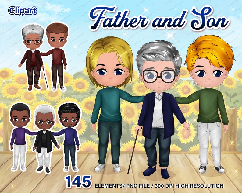 Chibi Father Day and Son Clipart PNG, Custom Family Portrait, Dad, Son ...