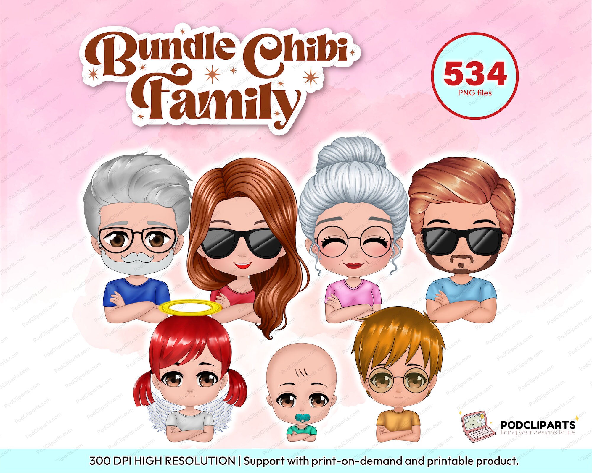 Bundle Chibi Family Clipart PNG, Custom Big Family Portrait, Mom Dad ...