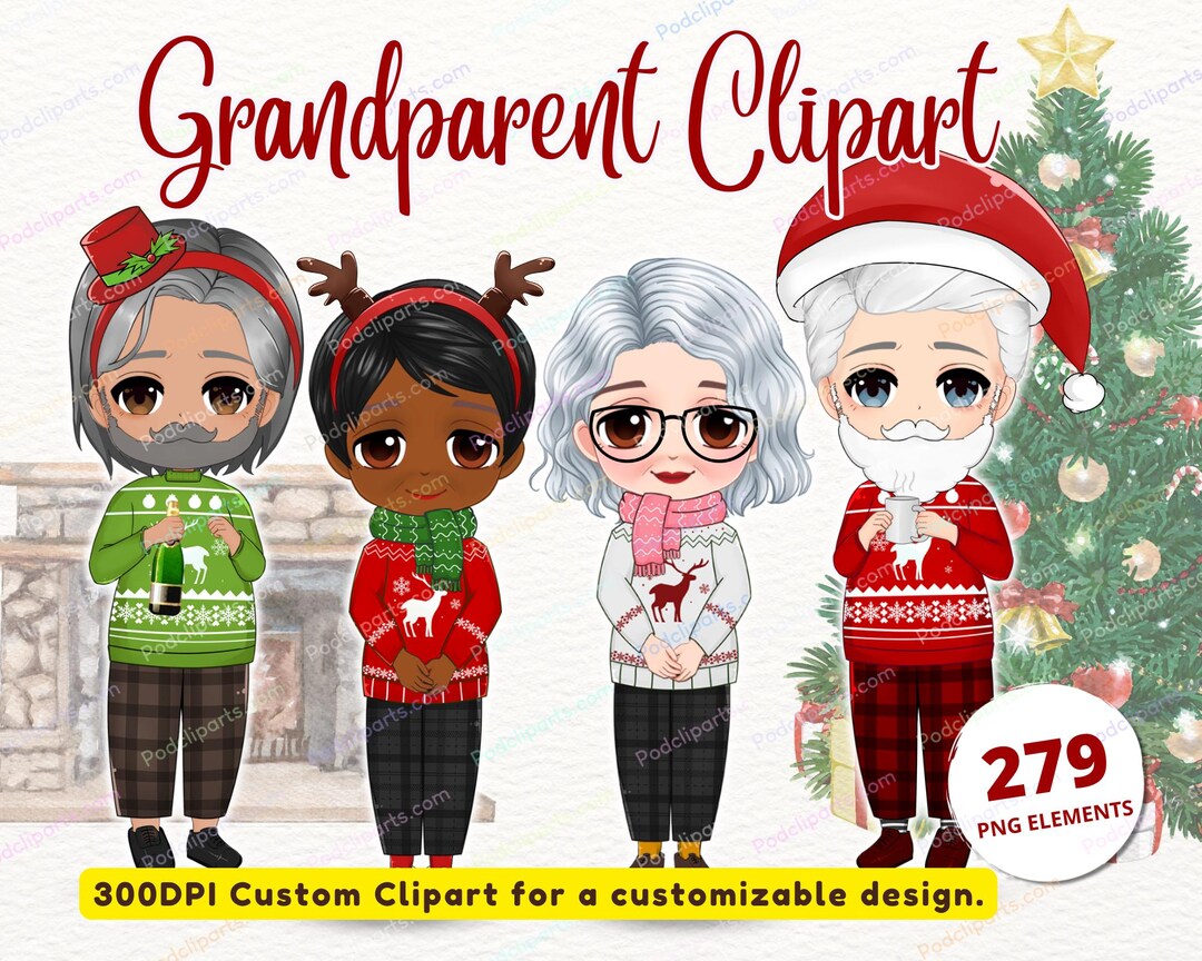 Chibi Grandparents Clipart Bundle PNG, Grandma, Grandpa, Couple, Family ...