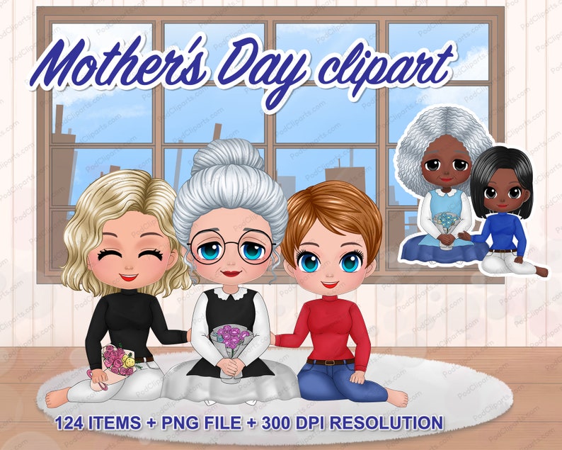 Chibi Mother and Daughter Sitting Clipart, Mother's Day Cute Clipart ...