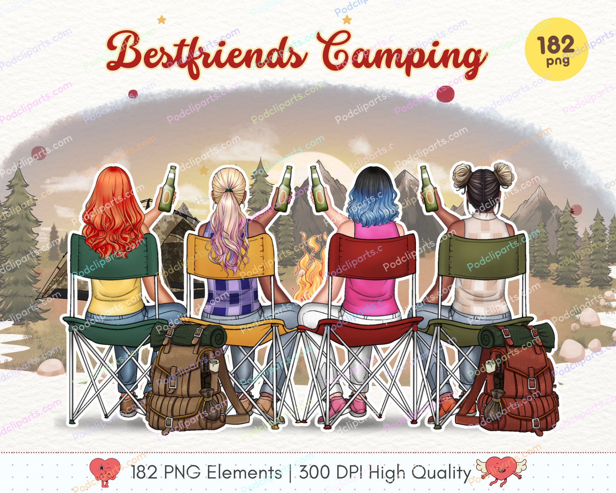 Best Friend Camping Clipart PNG - Girl Gang Outdoor Clipart, Bestie ...
