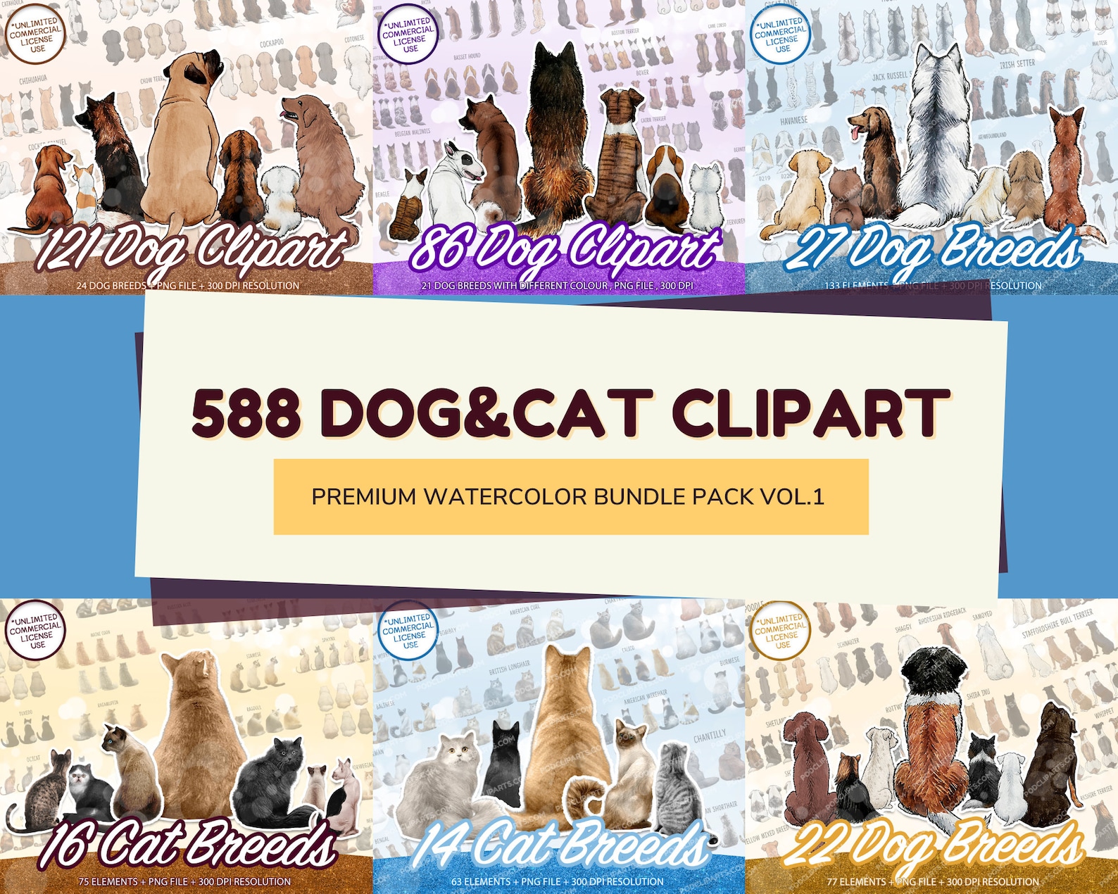 588 Mega Dog and Cat Clipart Bundle Watercolor Cat and Dog - Etsy