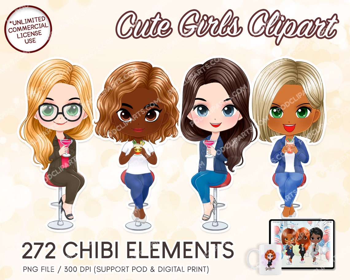Best Friends Chibi Clipart Denim Girl Clipart Bestie - Etsy