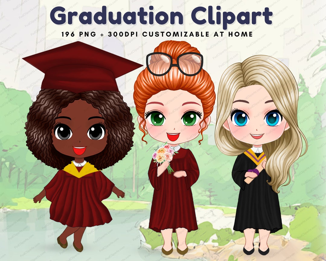 Chibi Graduation Girls, Cap and Gown Clipart, School Graphics, Graduate ...
