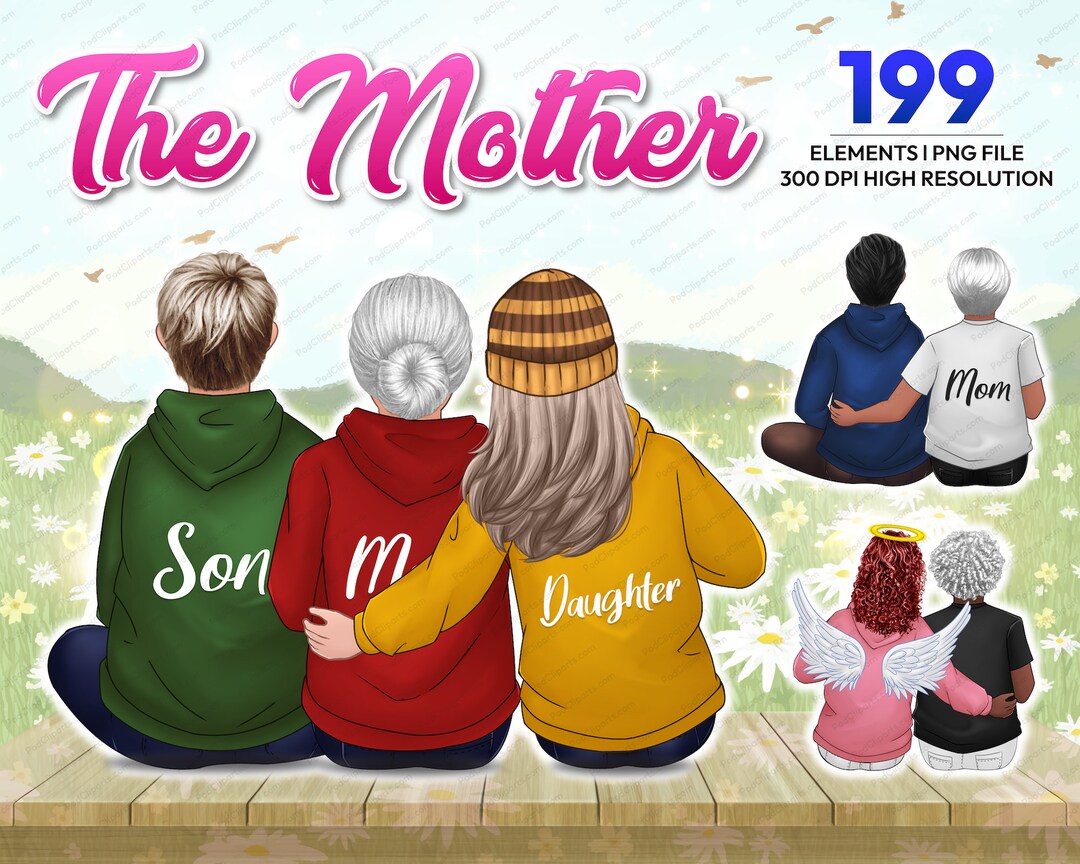 Mother Clipart Bundle PNG , Mom Kids Daughter Son, Back View Clipart ...