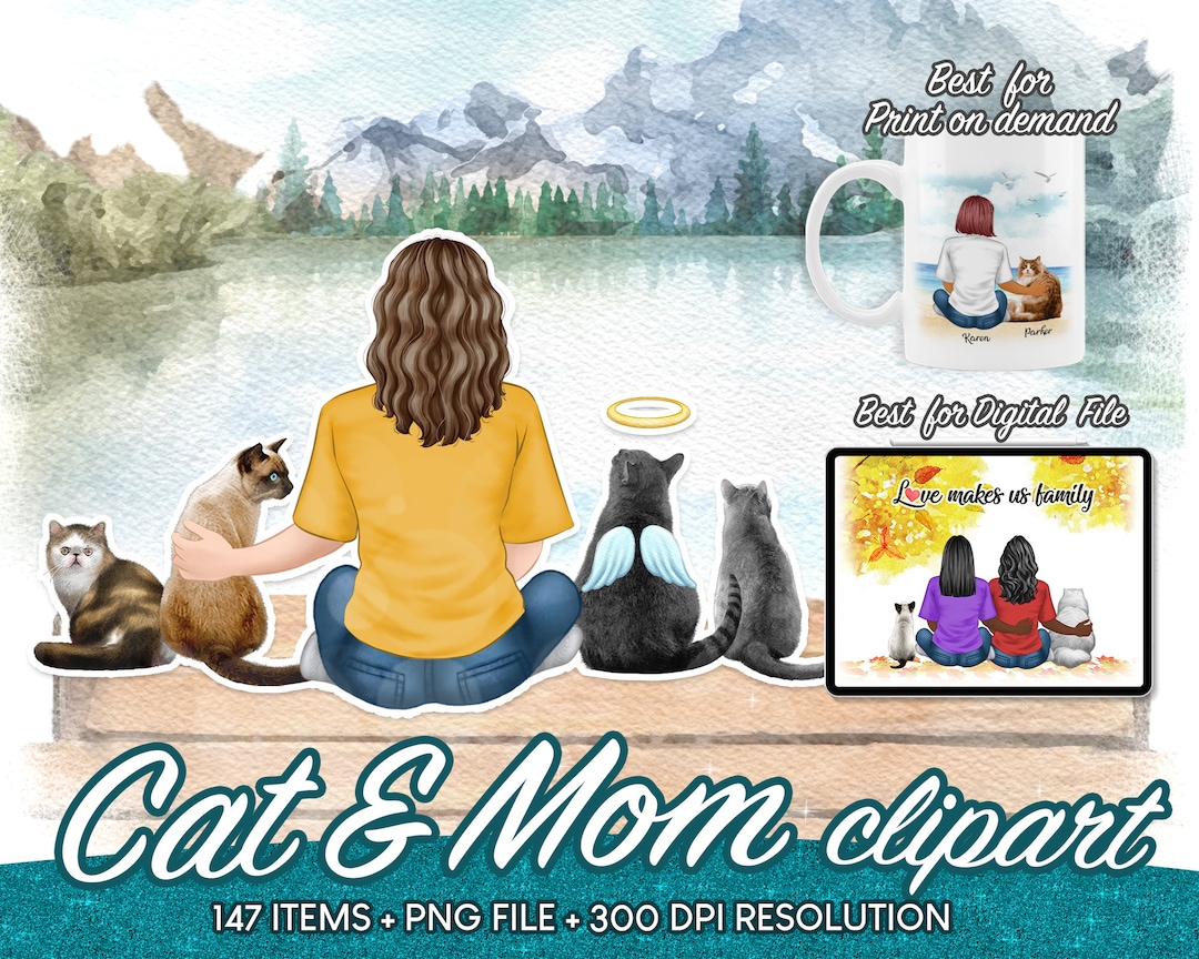 Cat Mom Clipart, Black Cat, Cat Mama, Cat Drawing, Watercolor Cats ...