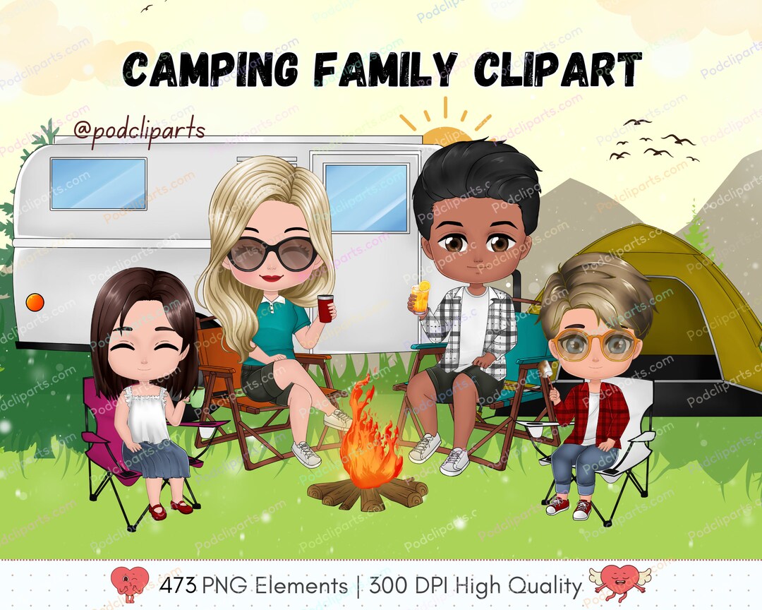 Chibi Family Camping With Daughter and Son Clipart PNG, Oldman and ...
