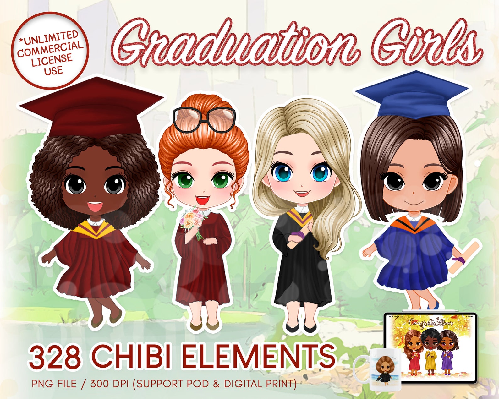 Chibi Graduation Girls Cap and Gown Clipart School Graphics - Etsy