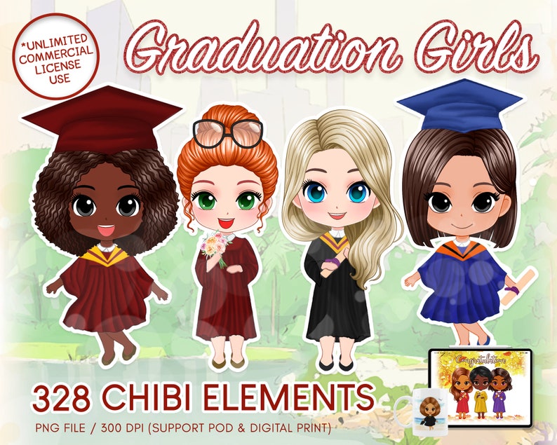 Chibi Graduation Girls Cap and Gown Clipart School Graphics - Etsy