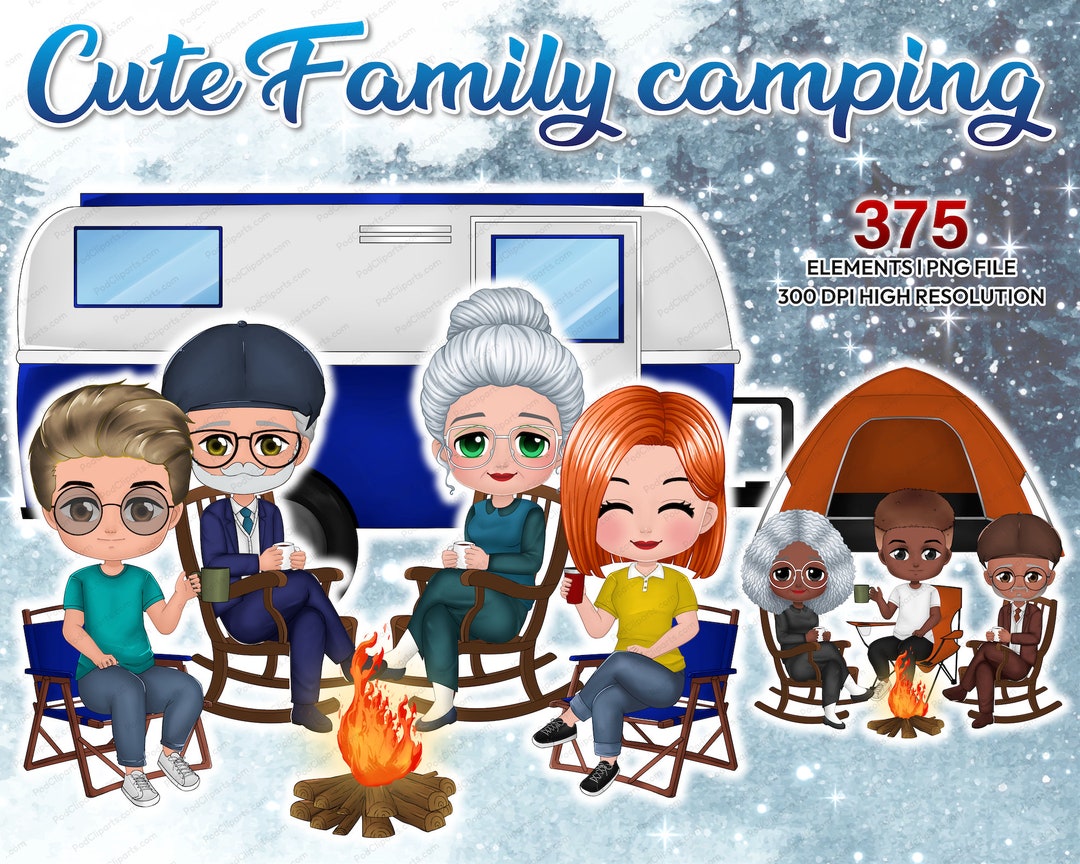 Chibi Family Camping With Daughter and Son Clipart PNG, Oldman and ...