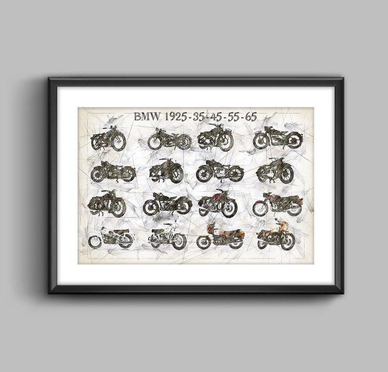 BMW Motorcycles Evolution 1925-35-45-55-65, Art Sketch Poster [no Frame ...