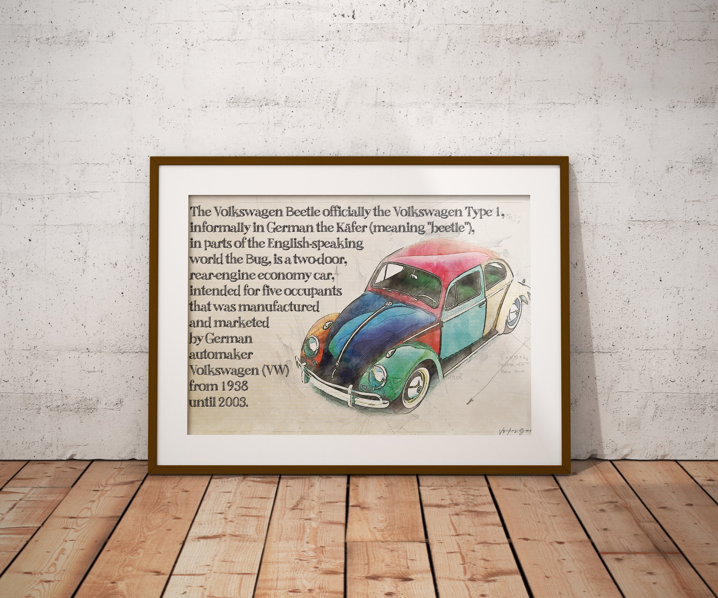 Volkswagen Beetle art sketch poster no frame | Etsy
