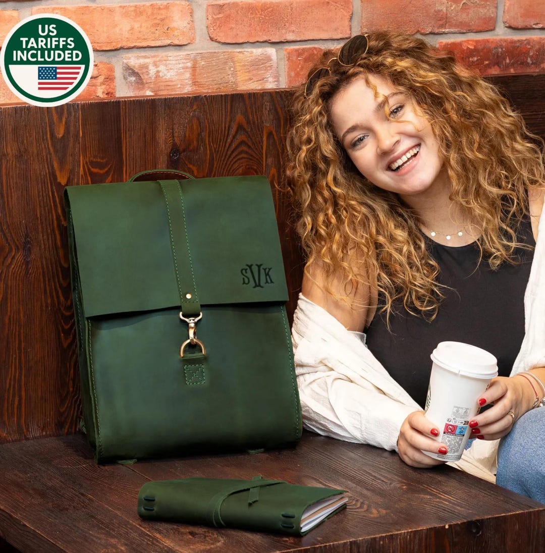 Monogram Leather Backpack, Personalized Laptop Rucksack for Women ...