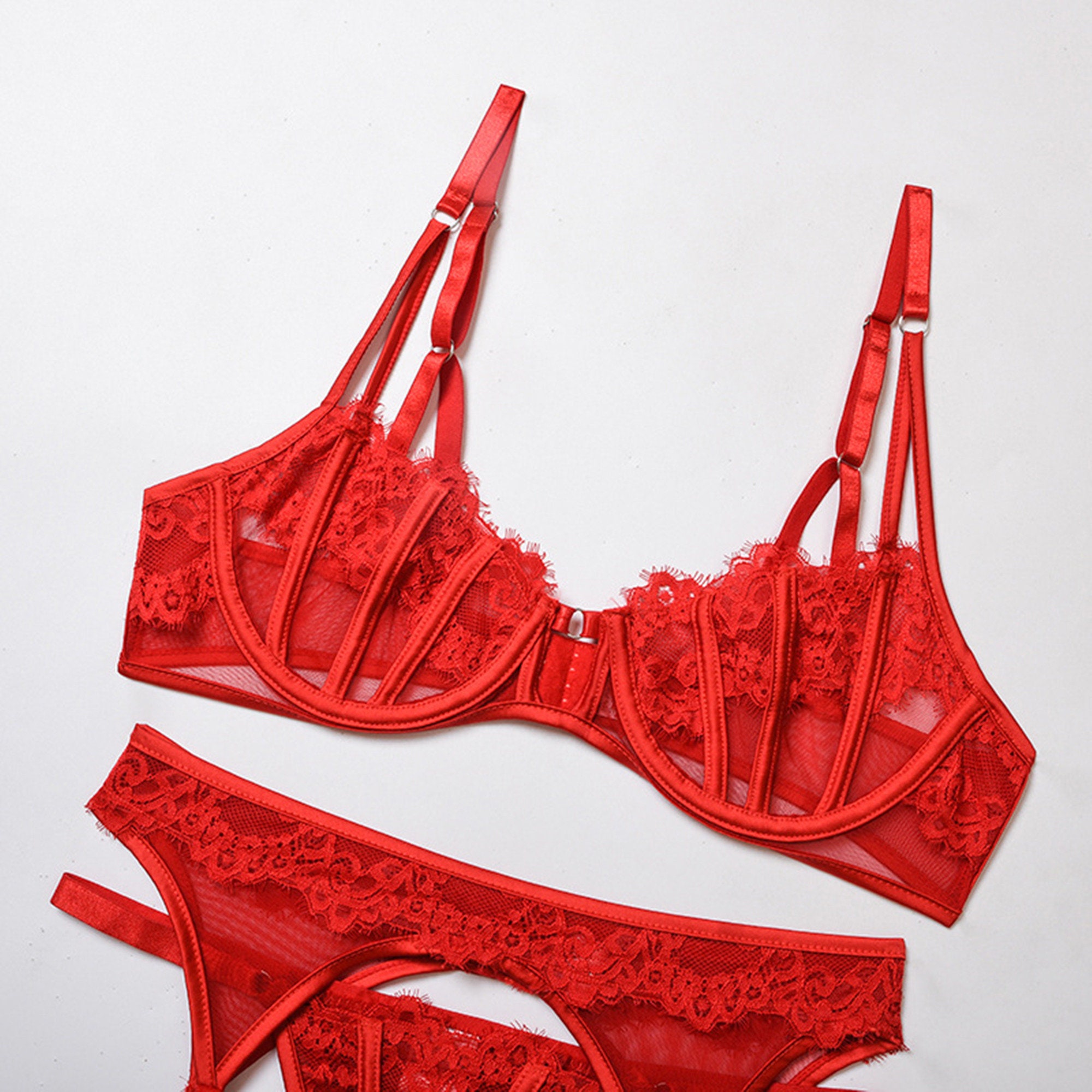 Conjunto De Lencería Roja Lencería De Encaje Sexy Lencería Etsy